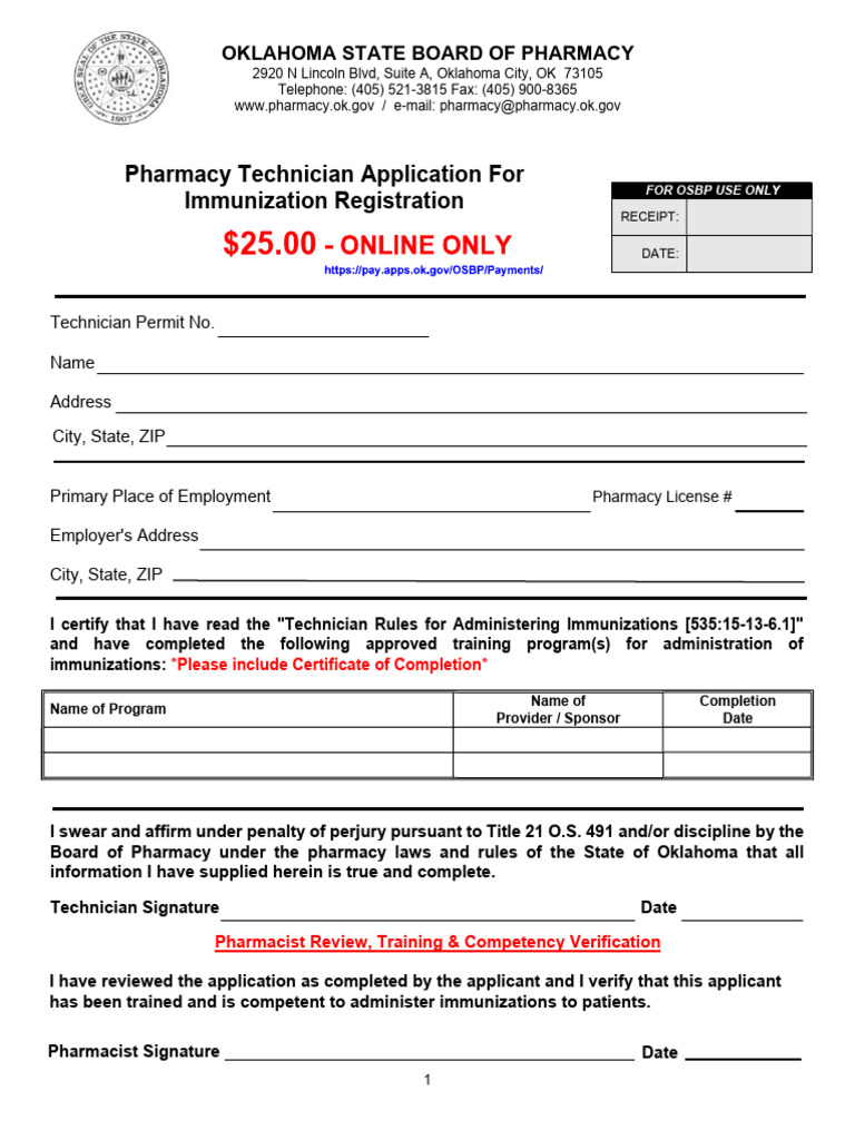Oklahoma Pharmacy Tech Immunization Application | PDF