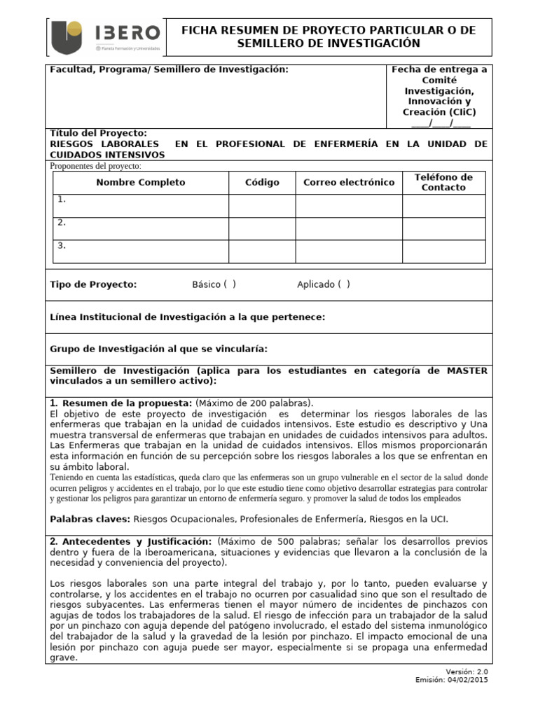 Ficha Resumen Del Proyecto | PDF