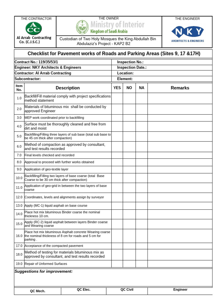 Checklist For Pavement Works of Roads | PDF