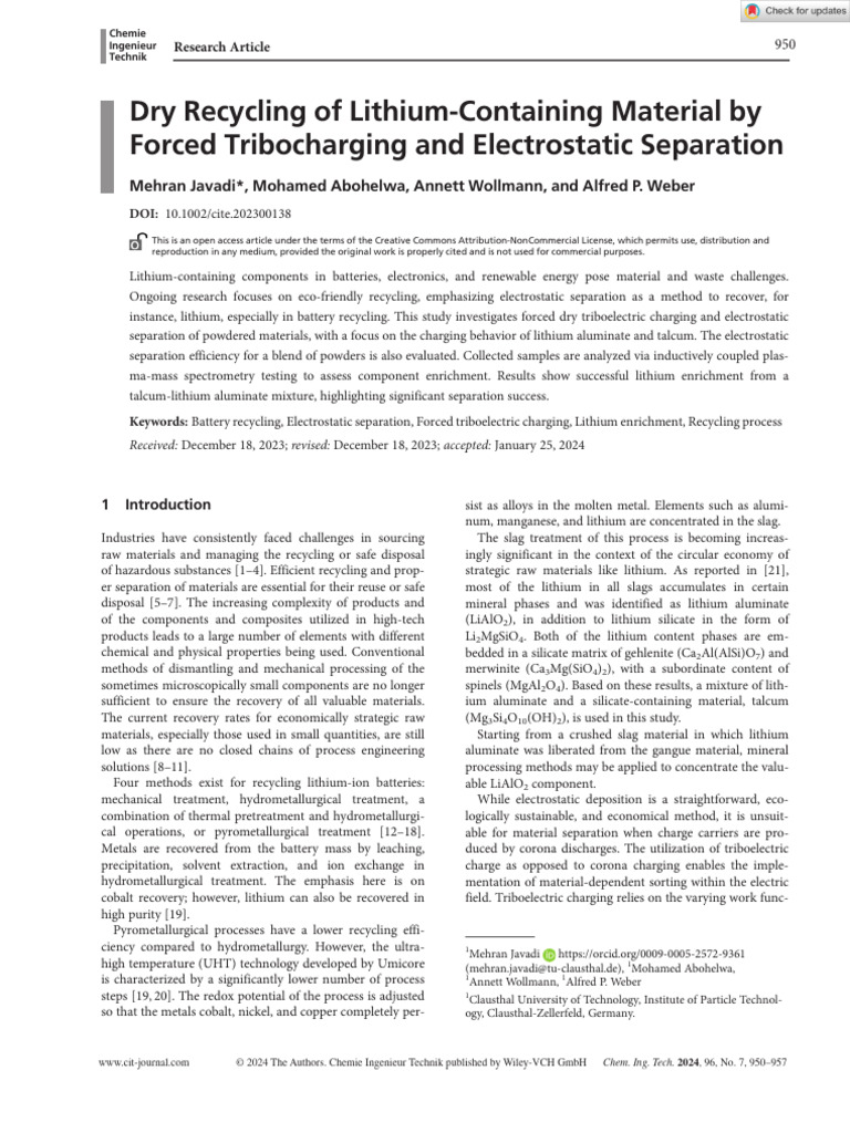 1 - Chemie Ingenieur Technik - 2024 - Javadi - Dry Recycling of Lithium Containing Material by ...