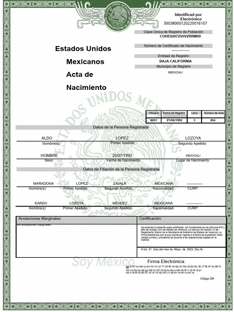 Acta de Nacimiento Mexicali 1992 | PDF | Gobierno y personalidad | Vigilancia