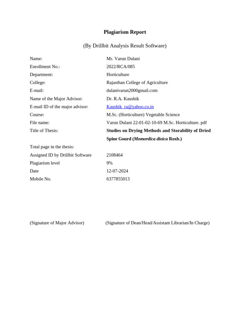 Plagiarism Report for Varun Dulani | PDF | Science & Mathematics