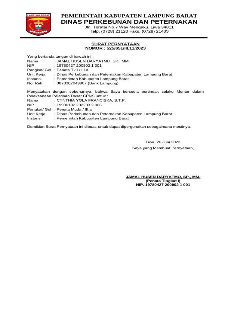 Surat Pernyataan Mentor | PDF