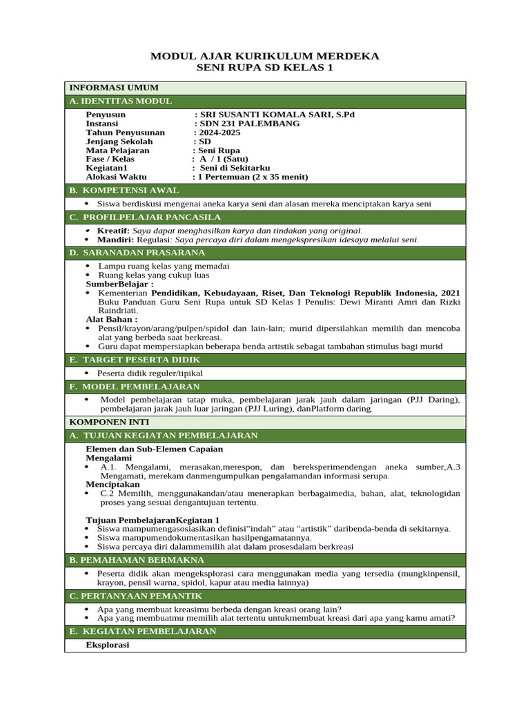MODUL AJAR KURIKULUM MERDEKA Seni Rupa | PDF