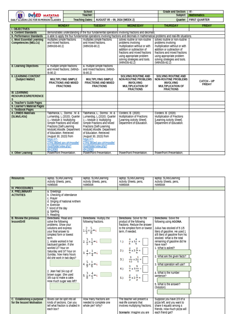 G6 Q1W2 DLL MATH (MELCs) | PDF