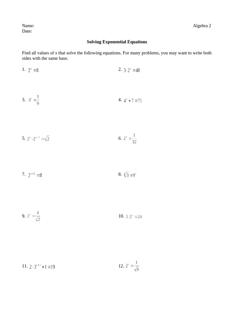 Solving Exponential Equations Same Base H.W | PDF
