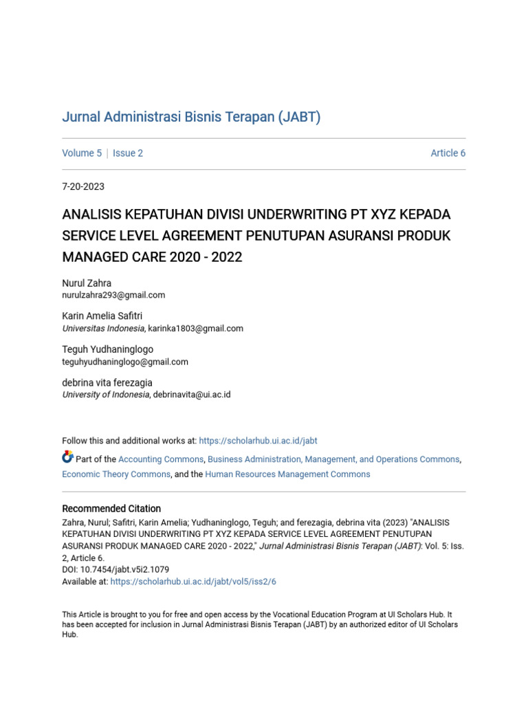 Analisis Kepatuhan Divisi Underwriting PT Xyz Kepada Service Leve | PDF