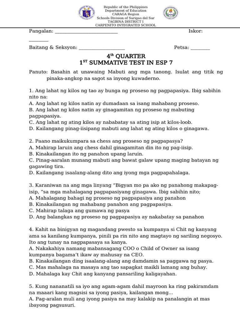 1st SUmmative 4th Q in EsP7 | PDF