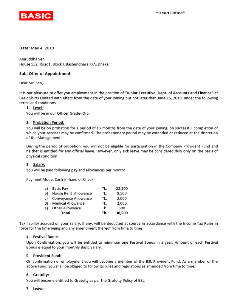 Basic Shirts Offer Letter 2019 | PDF