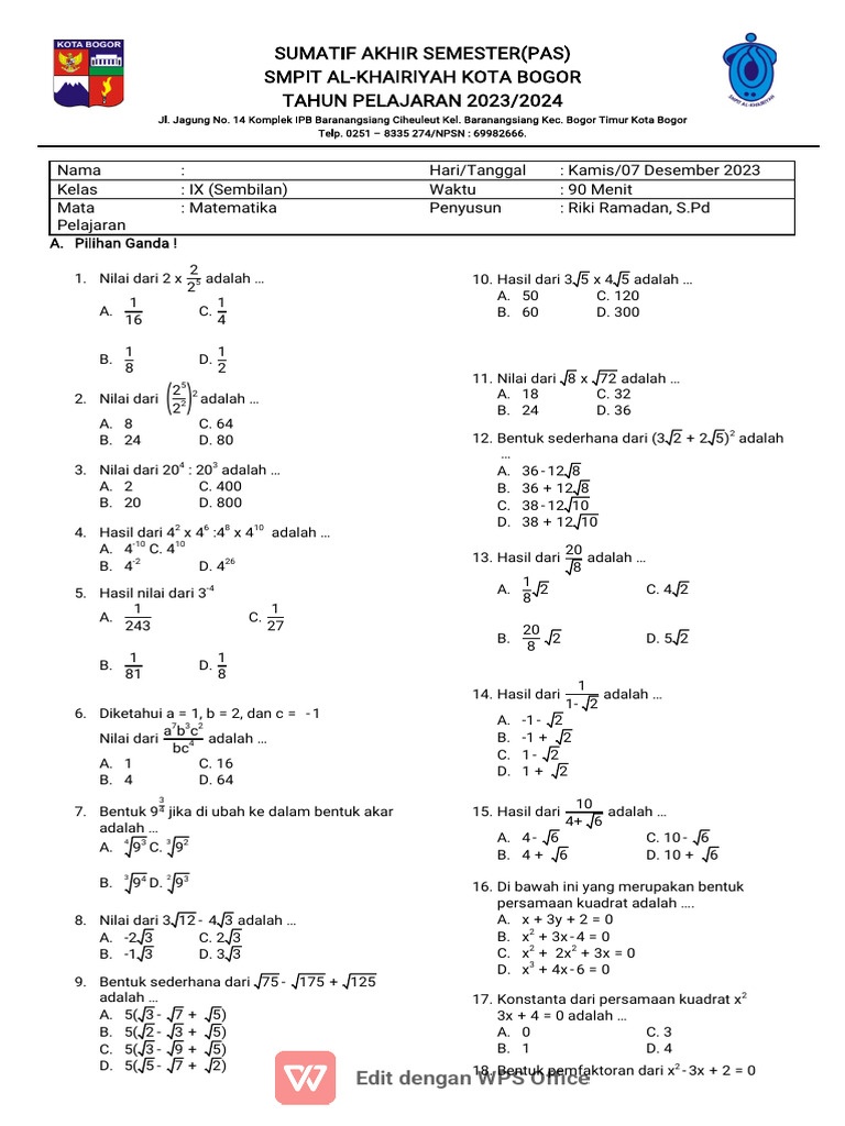 Soal Sas MTK Kelas 9 23-24 | PDF