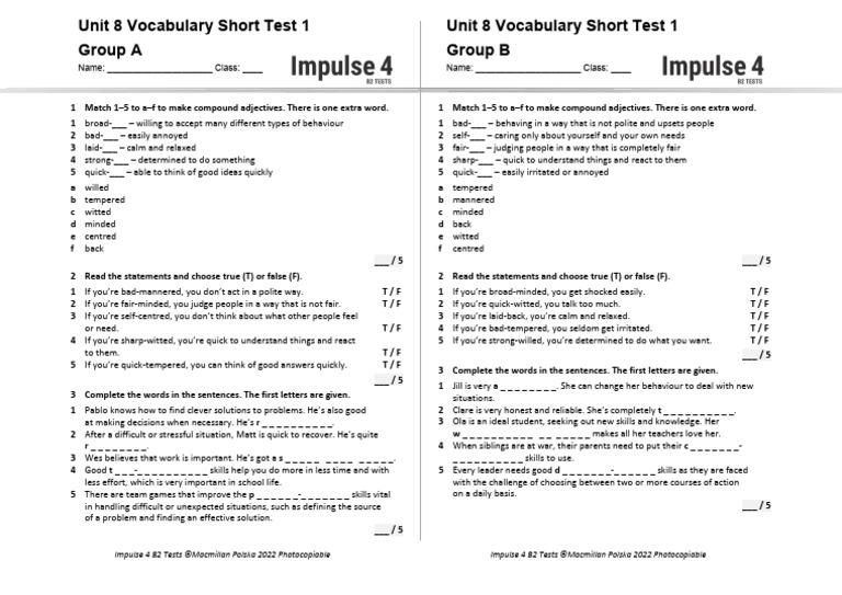 Unit 8 Vocabulary Short Test 1 A+b | PDF