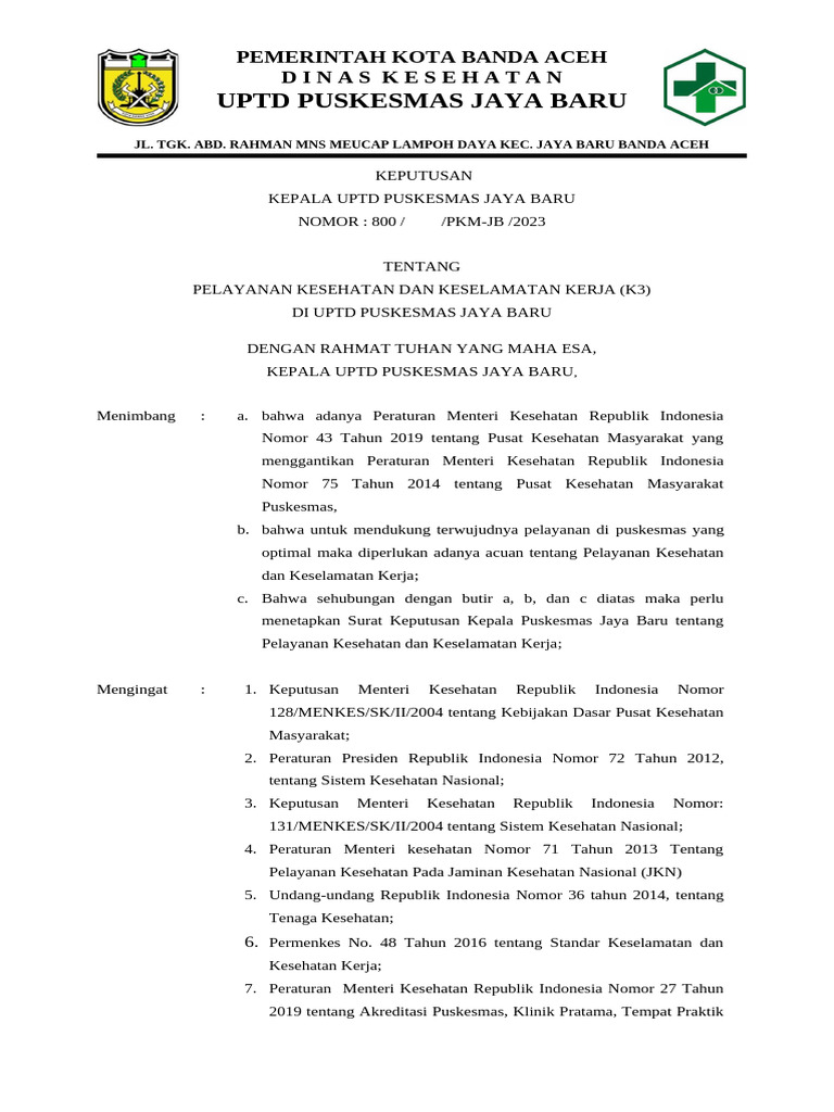 Uptd Puskesmas Jaya Baru: Pemerintah Kota Banda Aceh Dinas Kesehatan | PDF