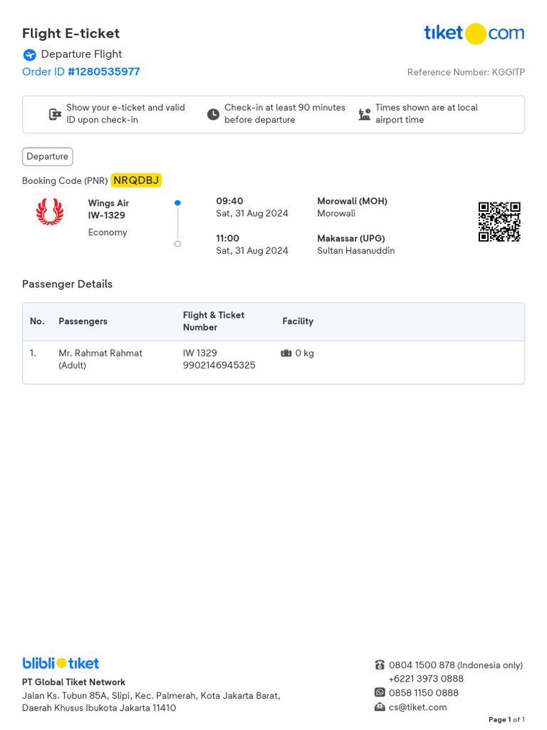 Flight E-Ticket - Order ID - 1280535977 - KGGITP | PDF