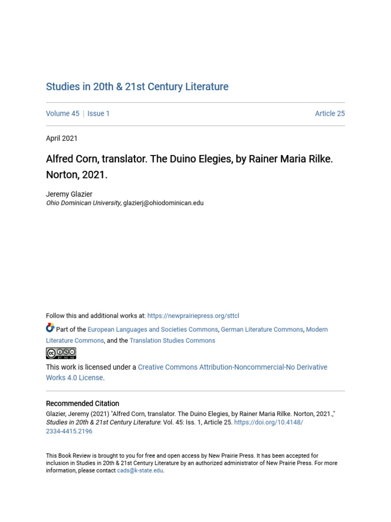 Alfred Corn Translator The Duino Elegies by Rainer | PDF