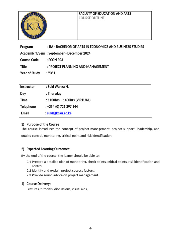 Course Outline - Project Planning and Management | PDF