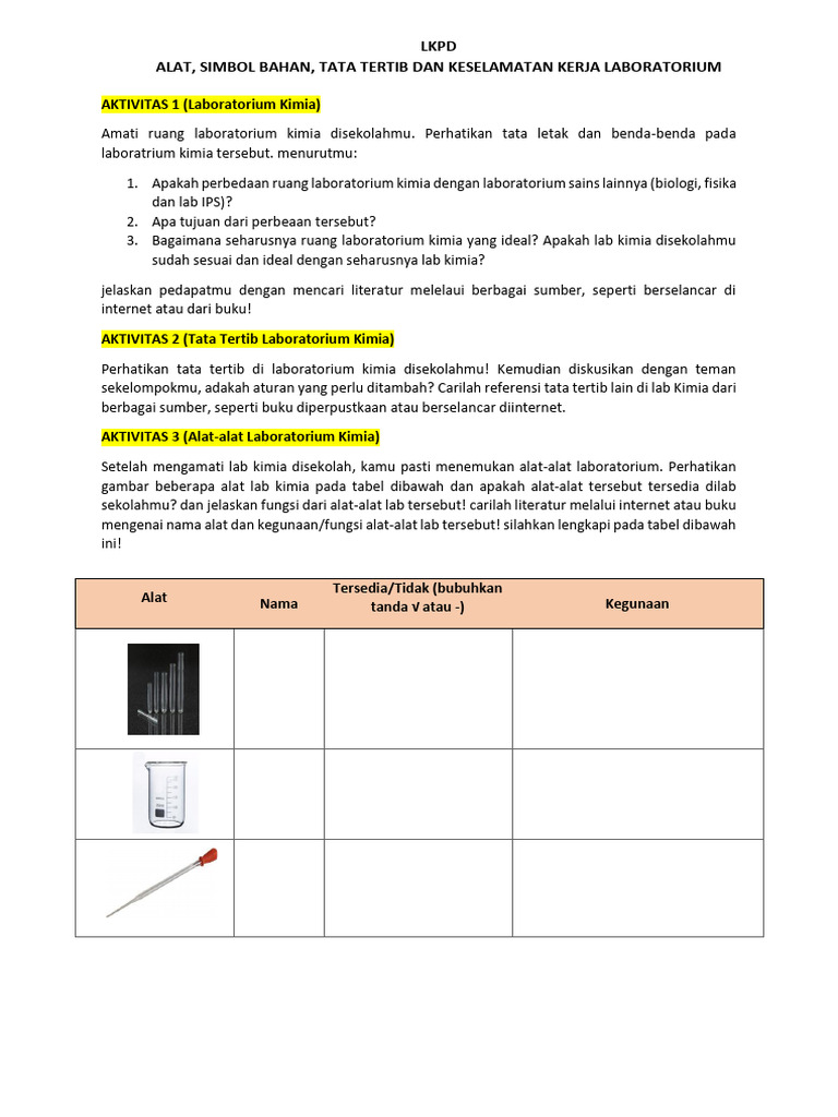 LKPD Alat, Simbol Bahan, Tatatertib, Dan Keselamatan Kerja Laboratorium ...