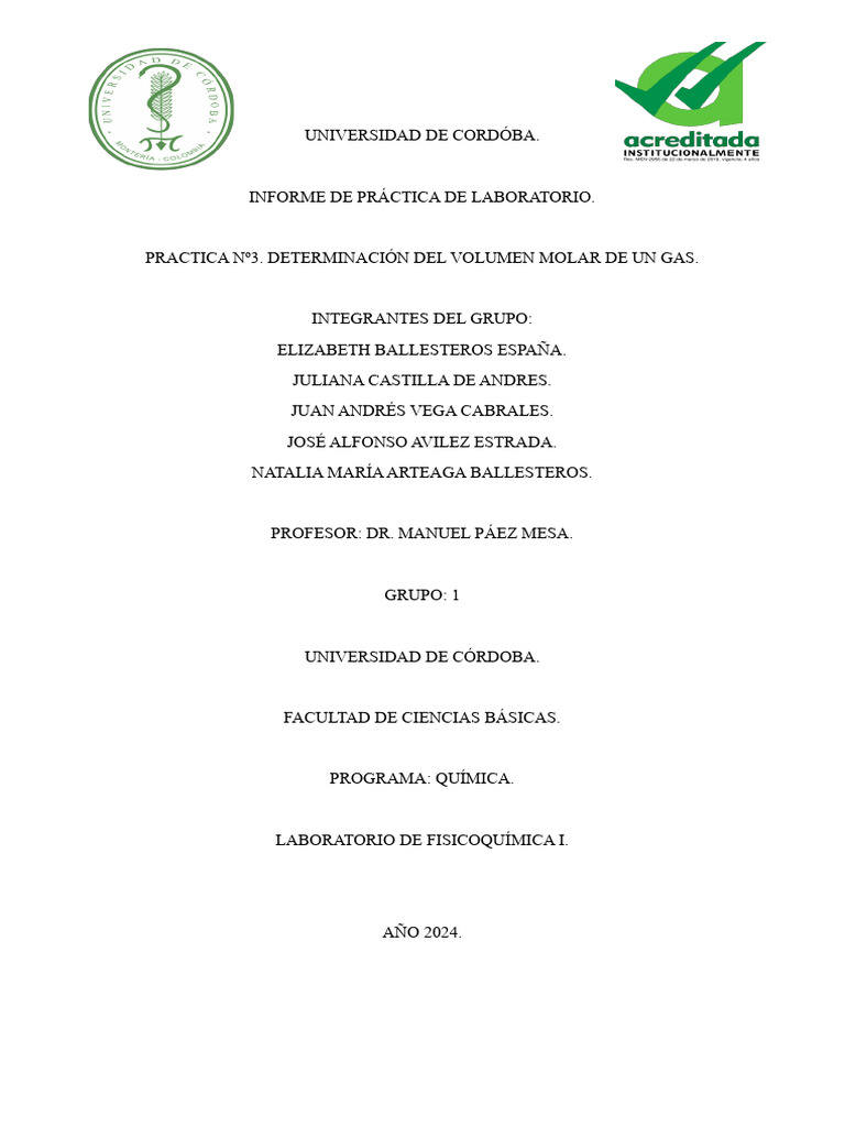 Practica Nº3 - Volumen Molar de Un Gas - Fisicoquimica 1-2 | PDF