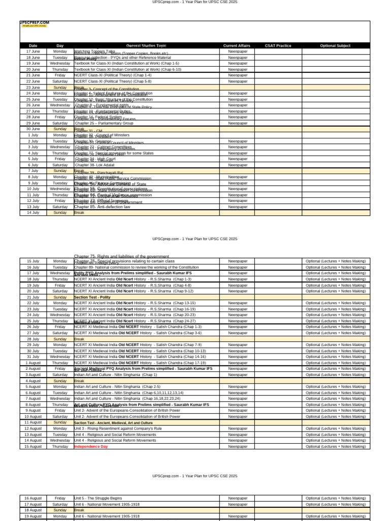 1 Year Plan For UPSC CSE 2025 | PDF