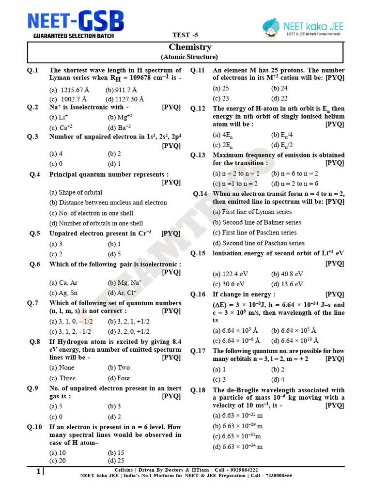 Atomic Structure GSB Test 05 Que. (@urstrulyrm) | PDF