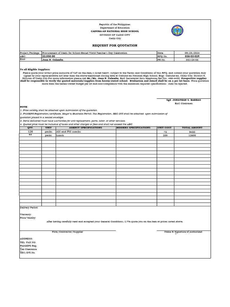 RFQ Supplies - XLSX - Table 1 | PDF