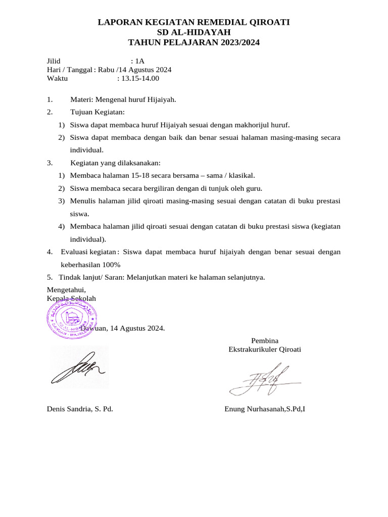 Remidial Qiroati Enung 14 Agustus 2024 | PDF