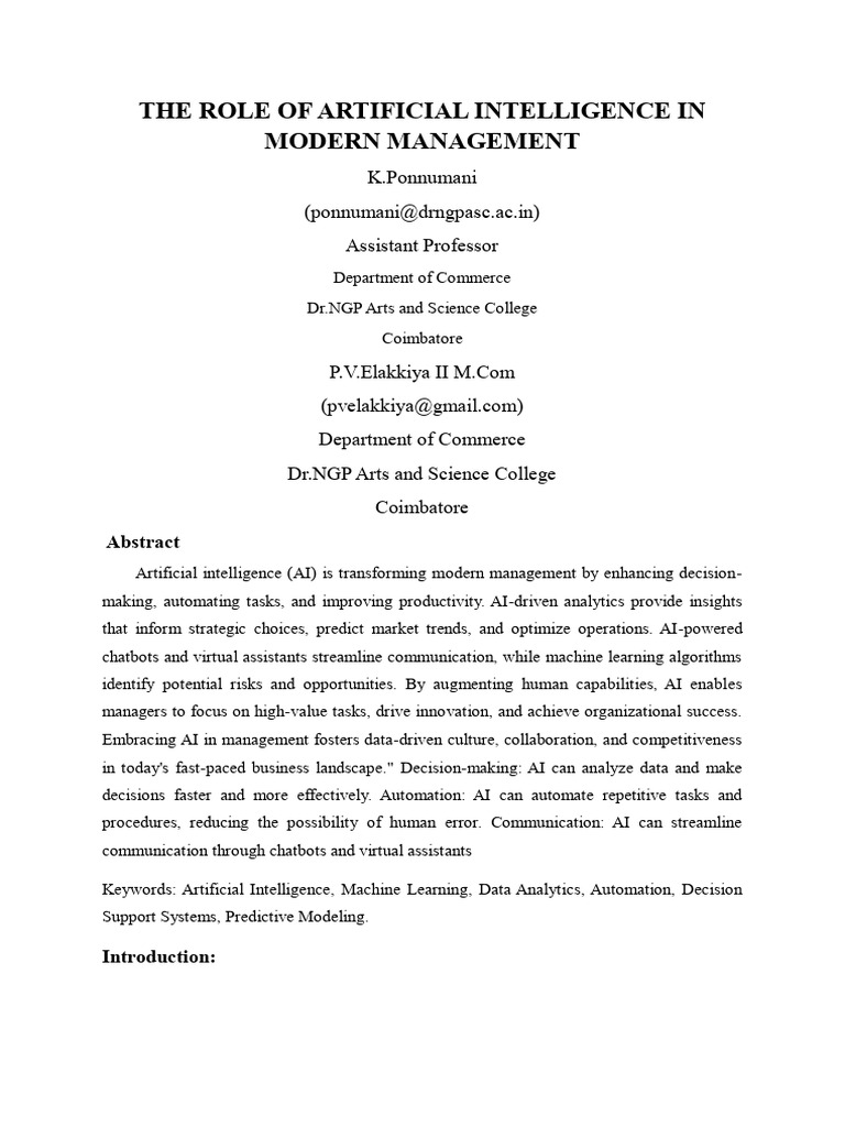 The Role of Artificial Intelligence in Modern Management | PDF The Role of Artificial Intelligence in Modern Management | PDF
