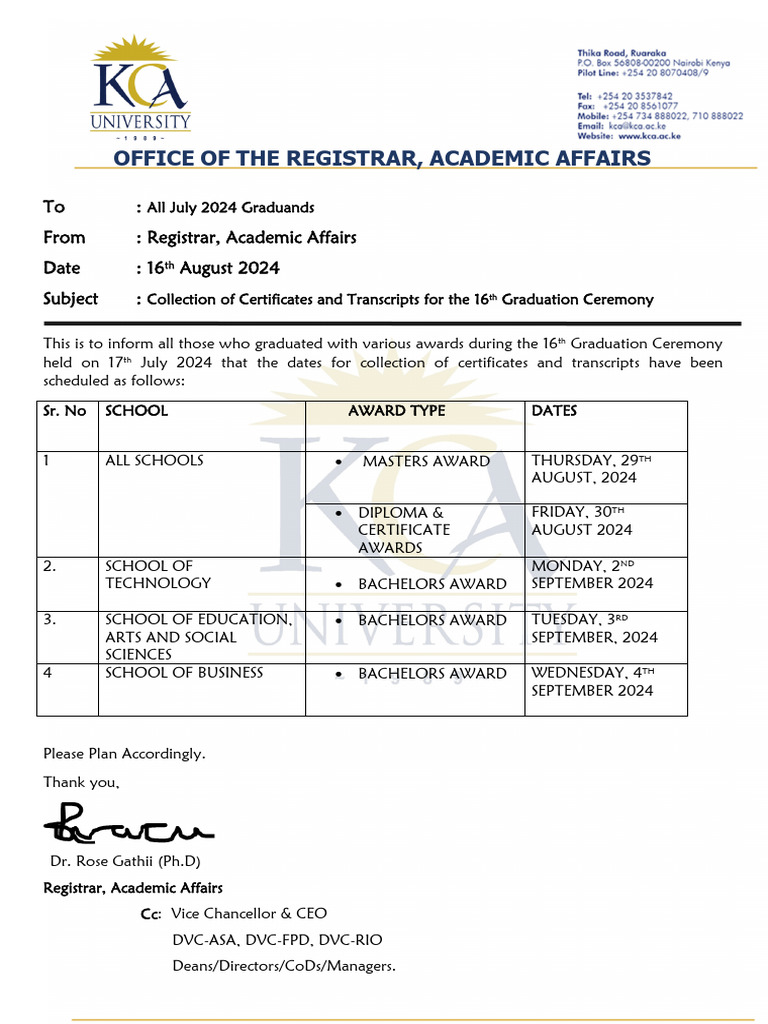 Memo - Collection of The Certificates For The 16TH Graduation Ceremony ...