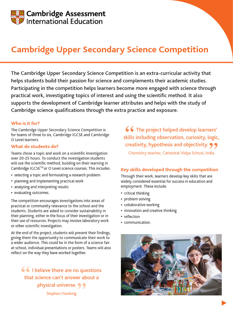 Cambridge Science Competition Upper Secondary Factsheet | PDF