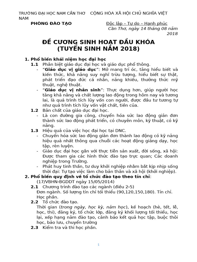 Noi Dung Huong Dan Sinh Hoat Dau Khoa Cho Sinh Vien 2018 | PDF