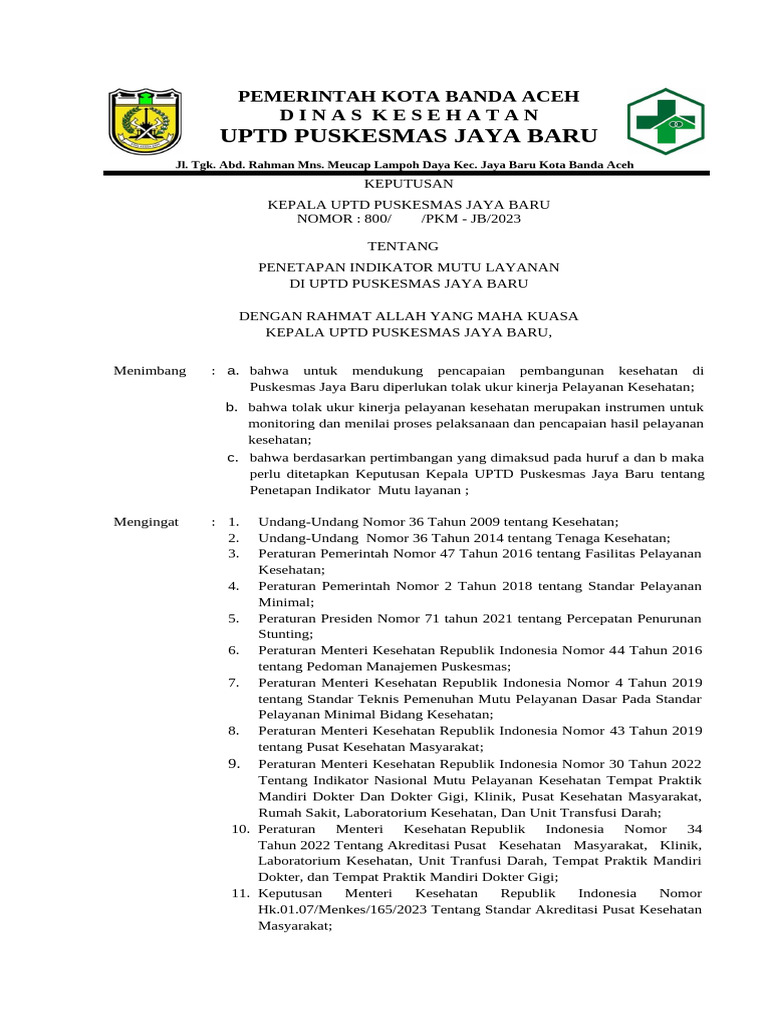 SK Indikator Mutu Layanan | PDF