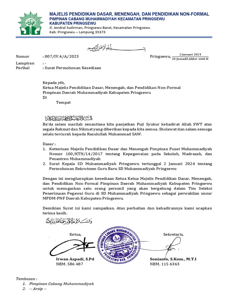 0007 - Surat Kesediaan Tim Rekrutmen (MDM Daerah) | PDF