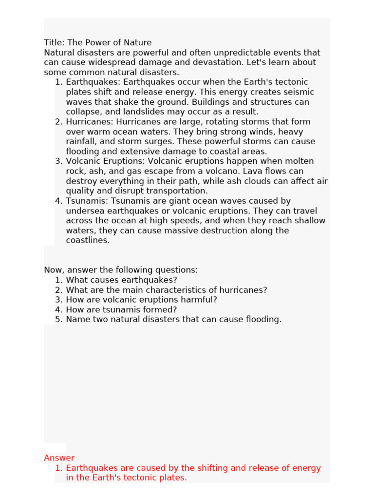 Reading Comprehension-Nature Disaster | PDF