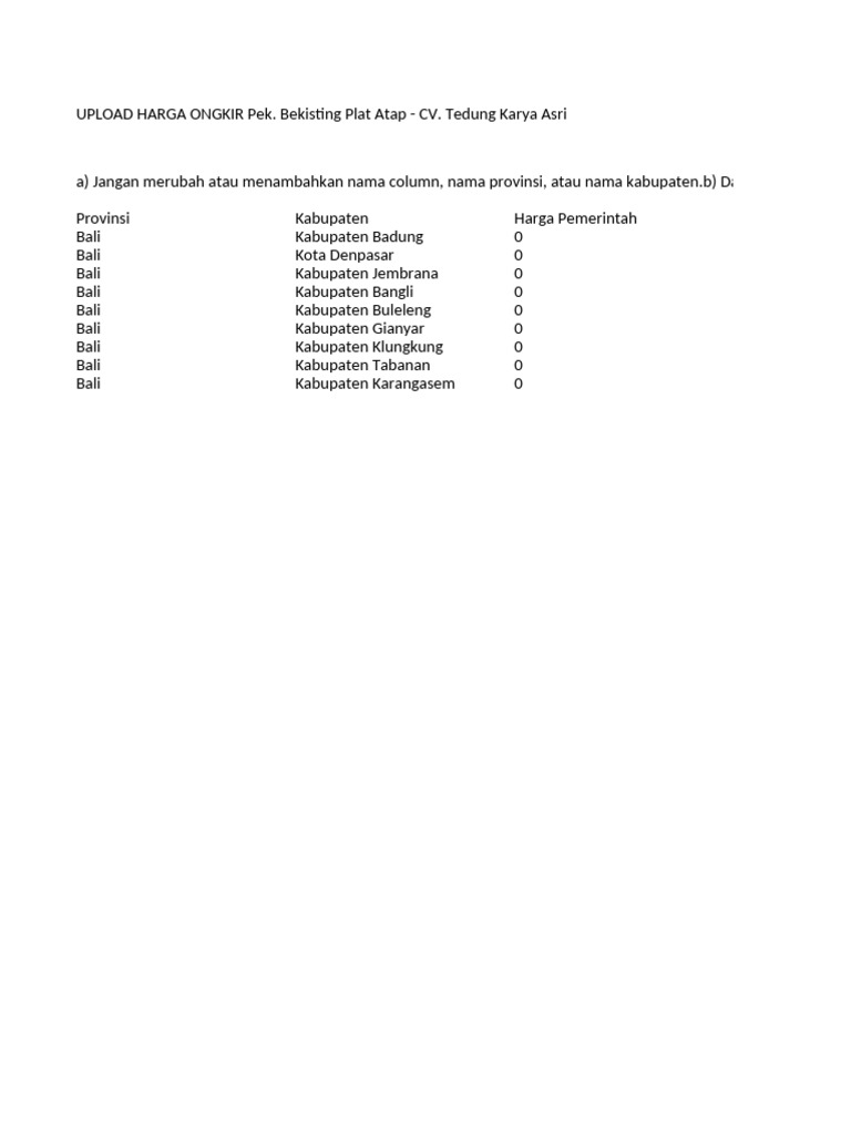 Template Harga Produk Pek. Bekisting Plat Atap - CV. Tedung Karya Asri | PDF