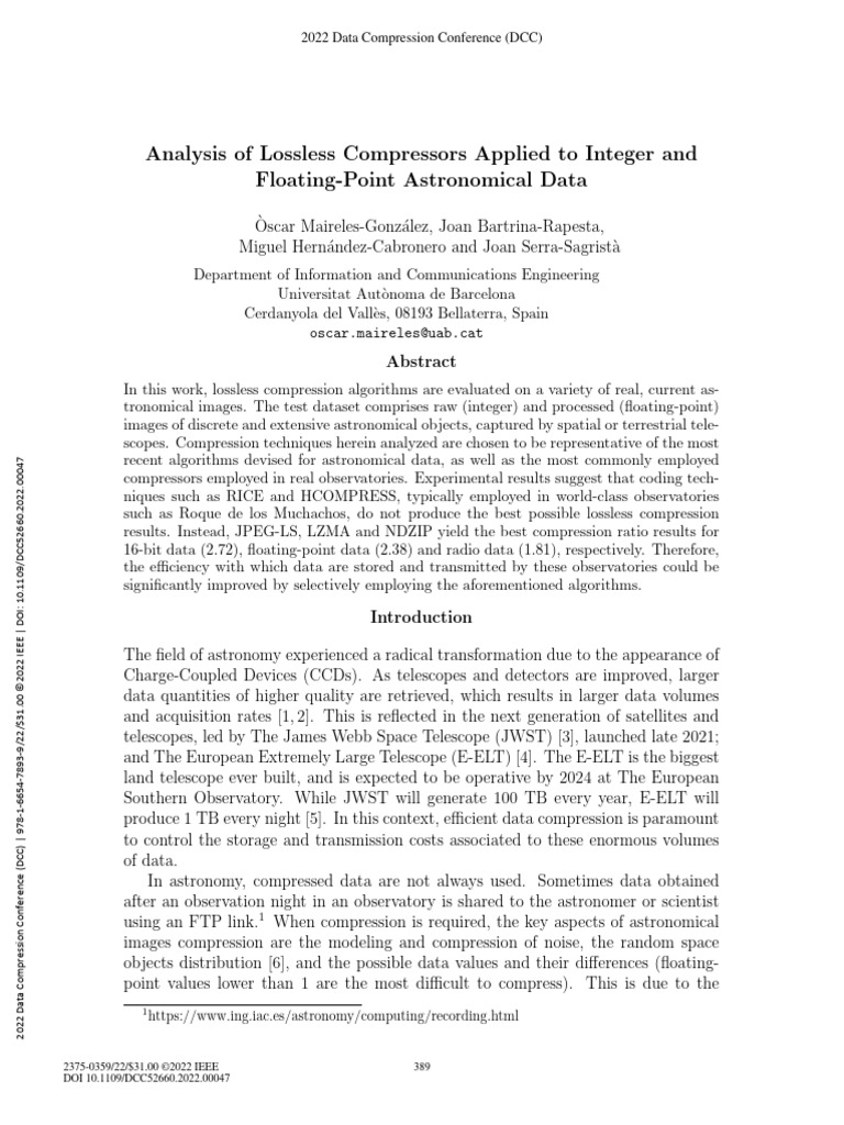 Analysis of Lossless Compressors Applied To Integer and Floating-Point Astronomical Data | PDF
