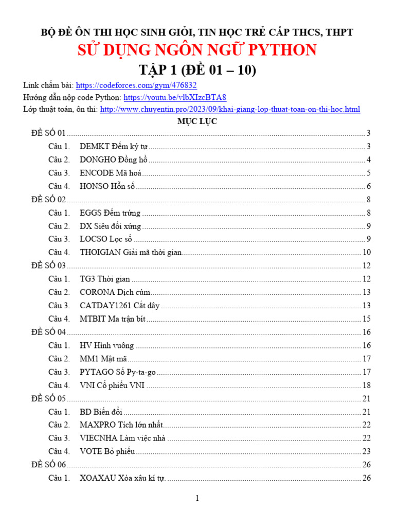Bo de On Thi Python Tap 1 - Muc Luc | PDF
