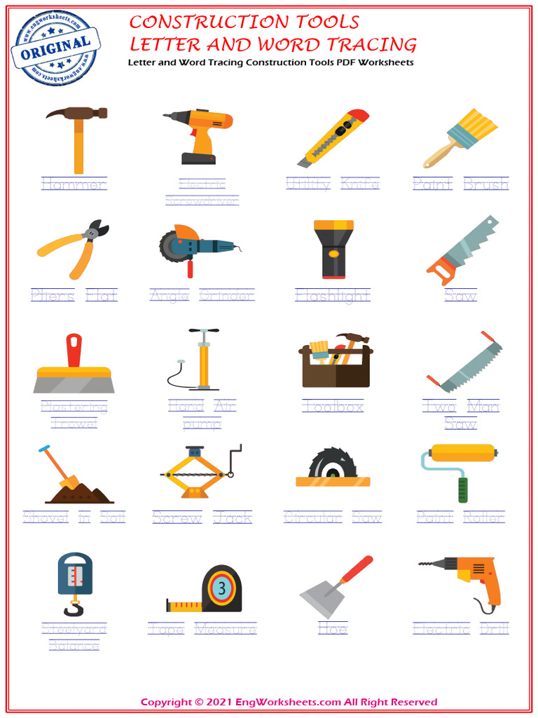 Letter and Word Tracing Construction Tools PDF Worksheets 6646 | PDF