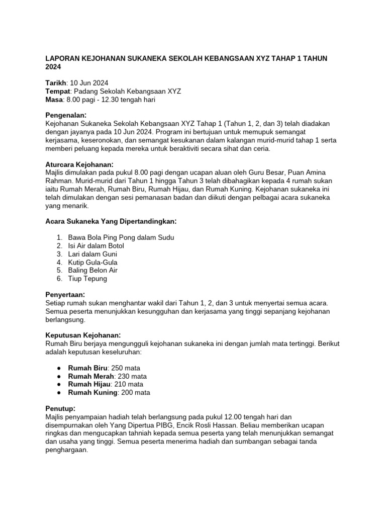 Laporan Kejohanan Sukaneka Sekolah Kebangsaan Xyz Tahap 1 Tahun 2024 | PDF
