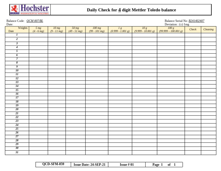 QCD-SFM-059 Daily Check For Digit Mettler Toledo Balance 4digit 005 | PDF