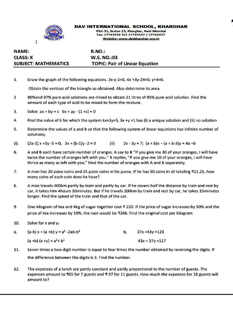 DAV Worksheet Linear Equations | PDF