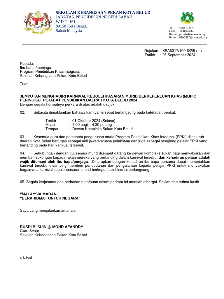 Surat Jemputan Ibubapa Karnival Kebolehpasaran MBPK 2024 | PDF