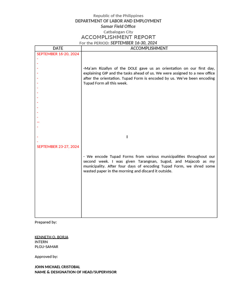 DOLE Samar Office Report Summary | PDF