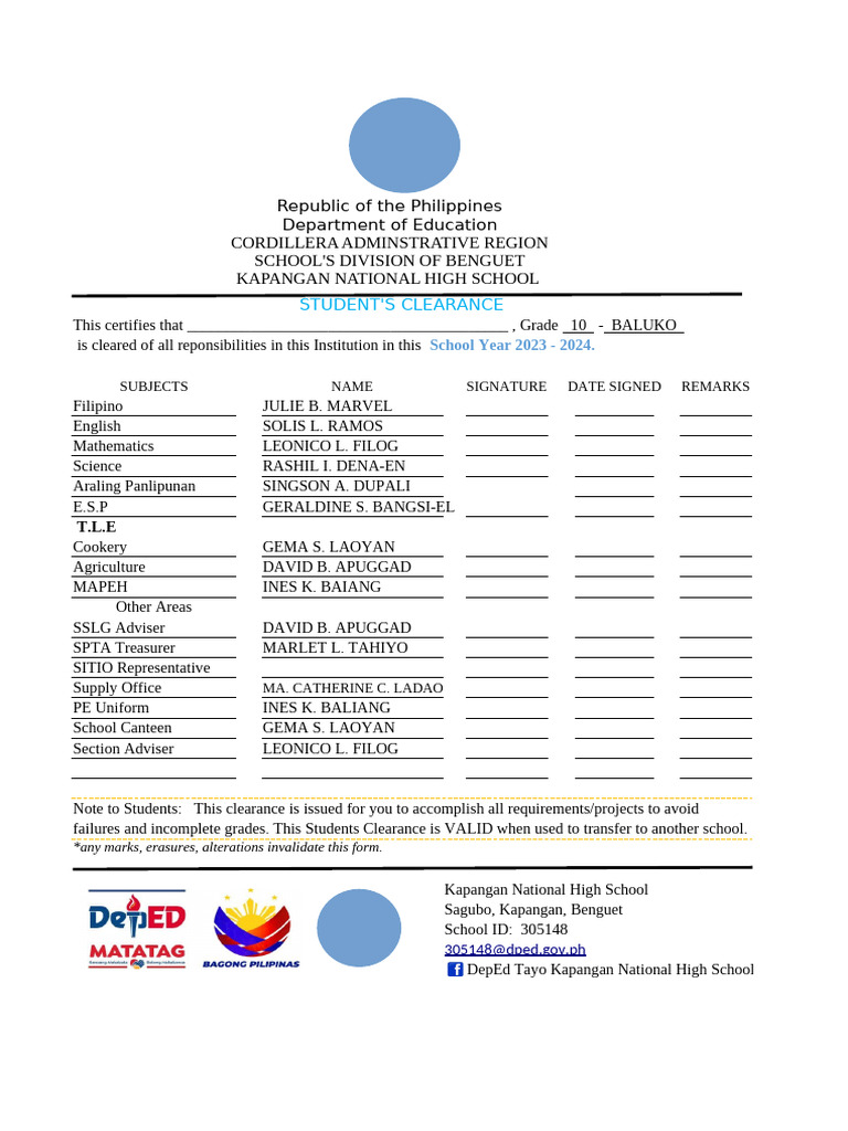 Student Clearance Form 2023-2024 | PDF