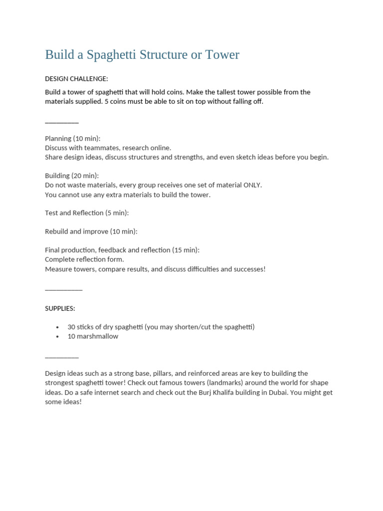 Build A Spaghetti Structure or Tower | PDF