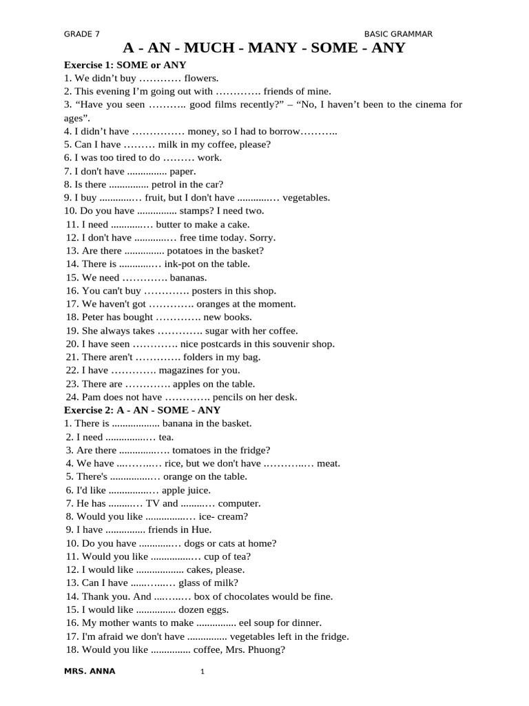 A An Some Any Much Many | PDF | Foods | Cooking, Food & Wine