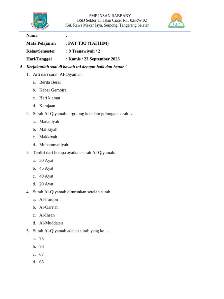 Soal Tafhim PAT 2 9 TS | PDF