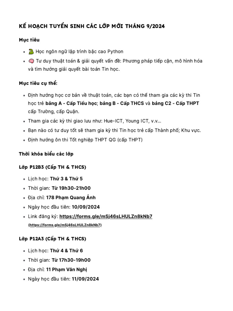 24 KẾ HOẠCH TUYỂN SINH CÁC LỚP MỚ - HackMD | PDF