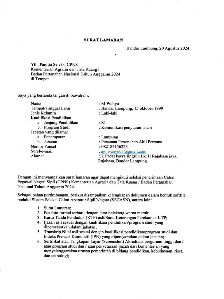 Surat Lamaran M Wahyu | PDF