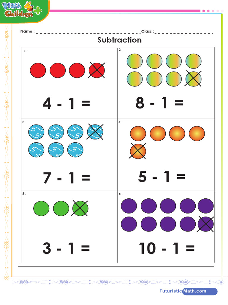 Subtract 1 With Dots Up To 10 Worksheet | PDF