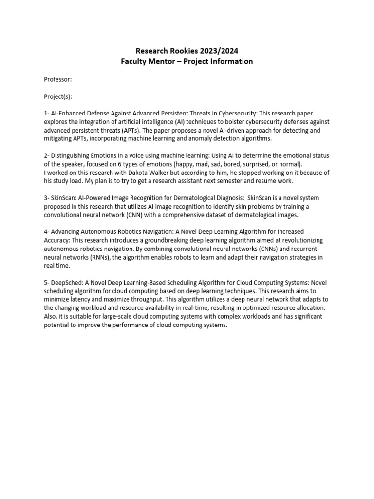 Research Rookies 2023 Faculty Mentor Project Information | PDF ...