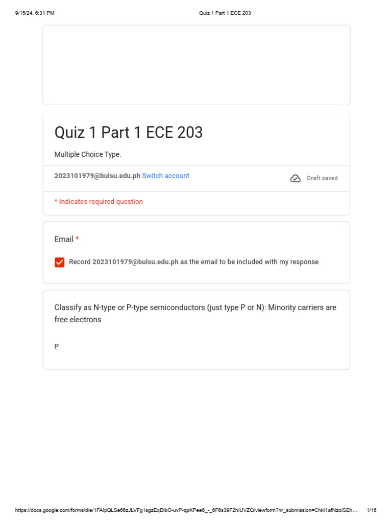Quiz 1 Part 1 ECE 203 | PDF